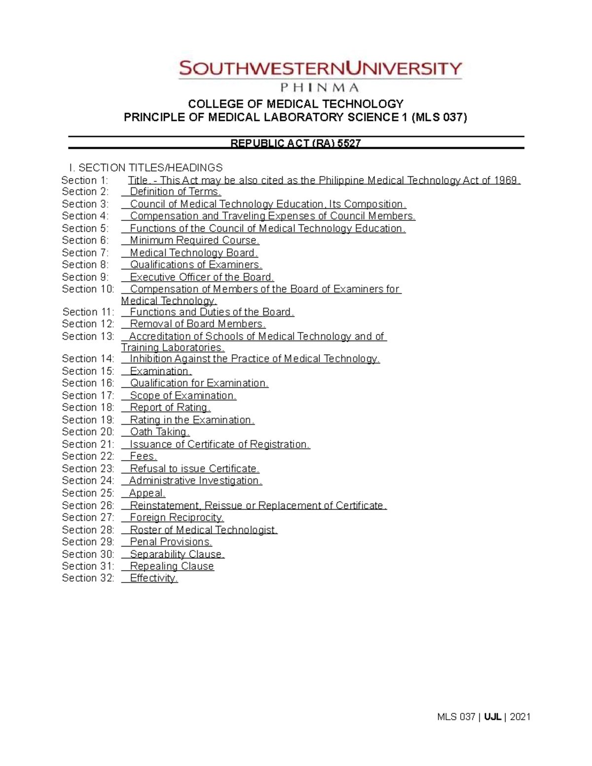 MLS 037 assignment 1 - COLLEGE OF MEDICAL TECHNOLOGY PRINCIPLE OF ...