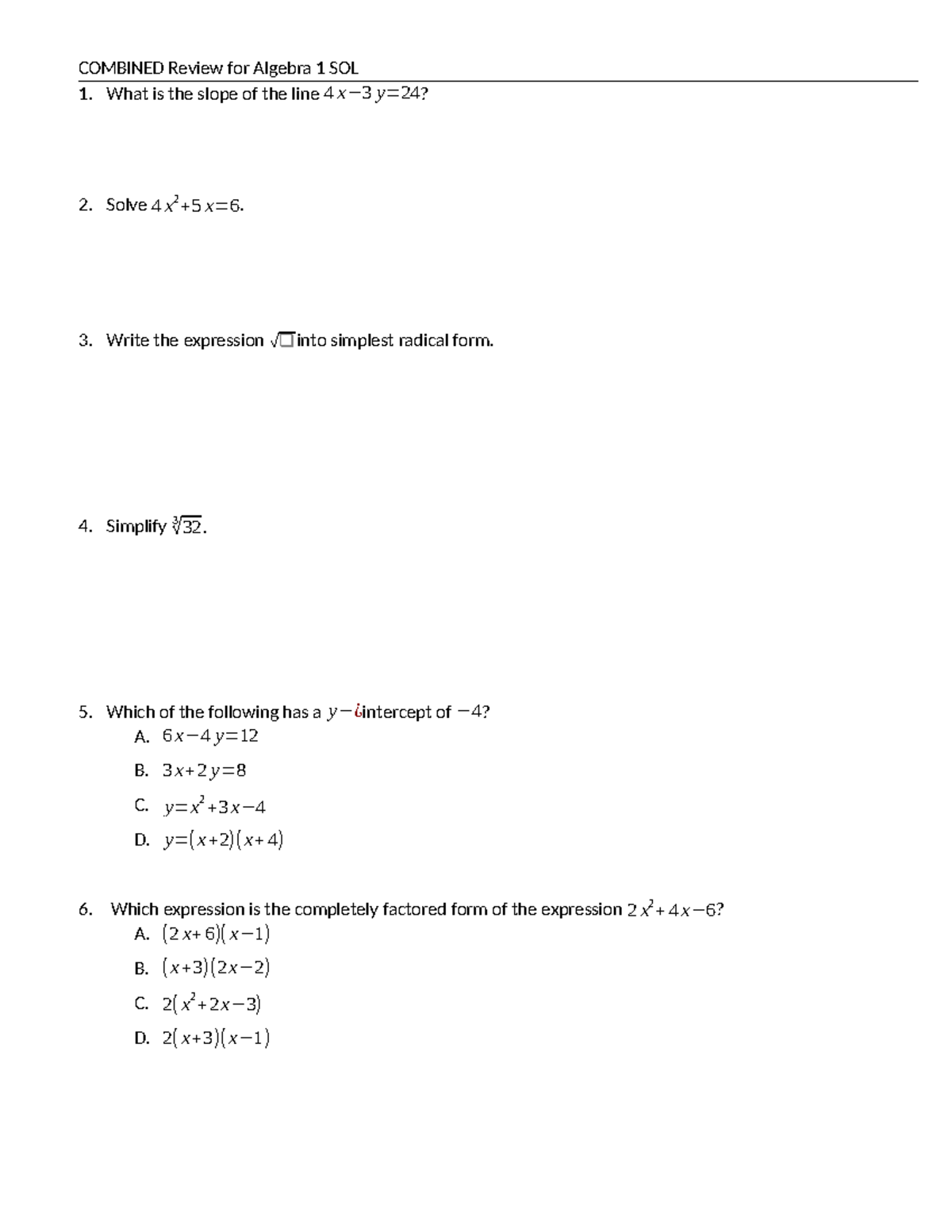 Combined Review for Algebra 1 SOL - COMBINED Review for Algebra 1 SOL ...