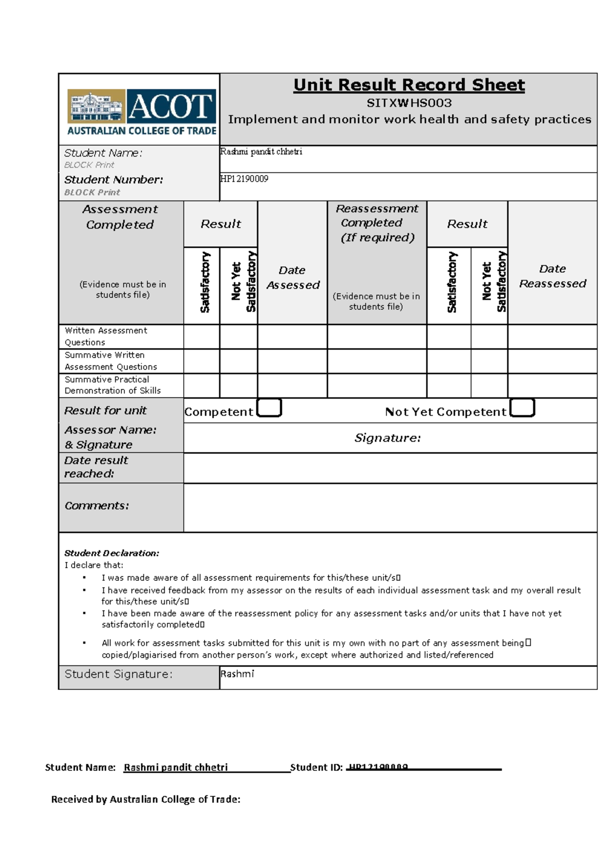 Sitxwhs 003 - full - Unit Result Record Sheet SITXWHS Implement and ...