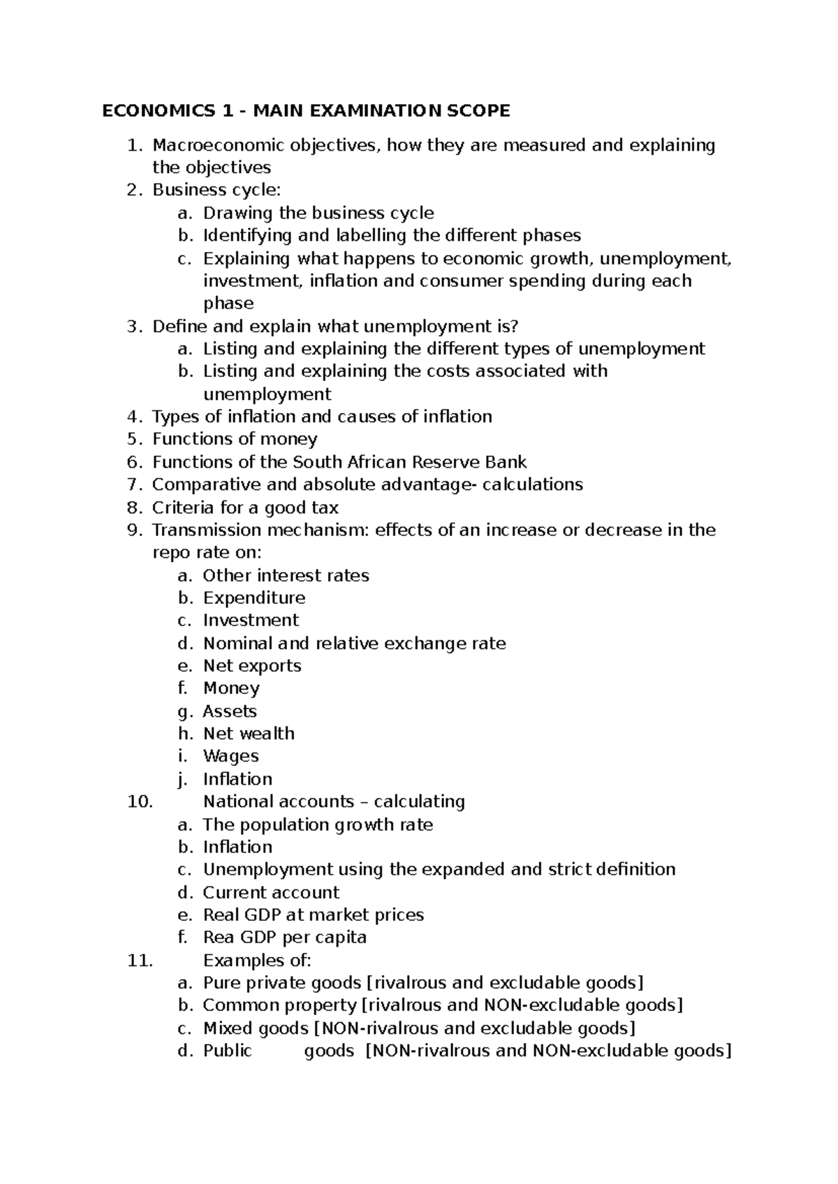 Economics and accounting - ECONOMICS 1 - MAIN EXAMINATION SCOPE ...