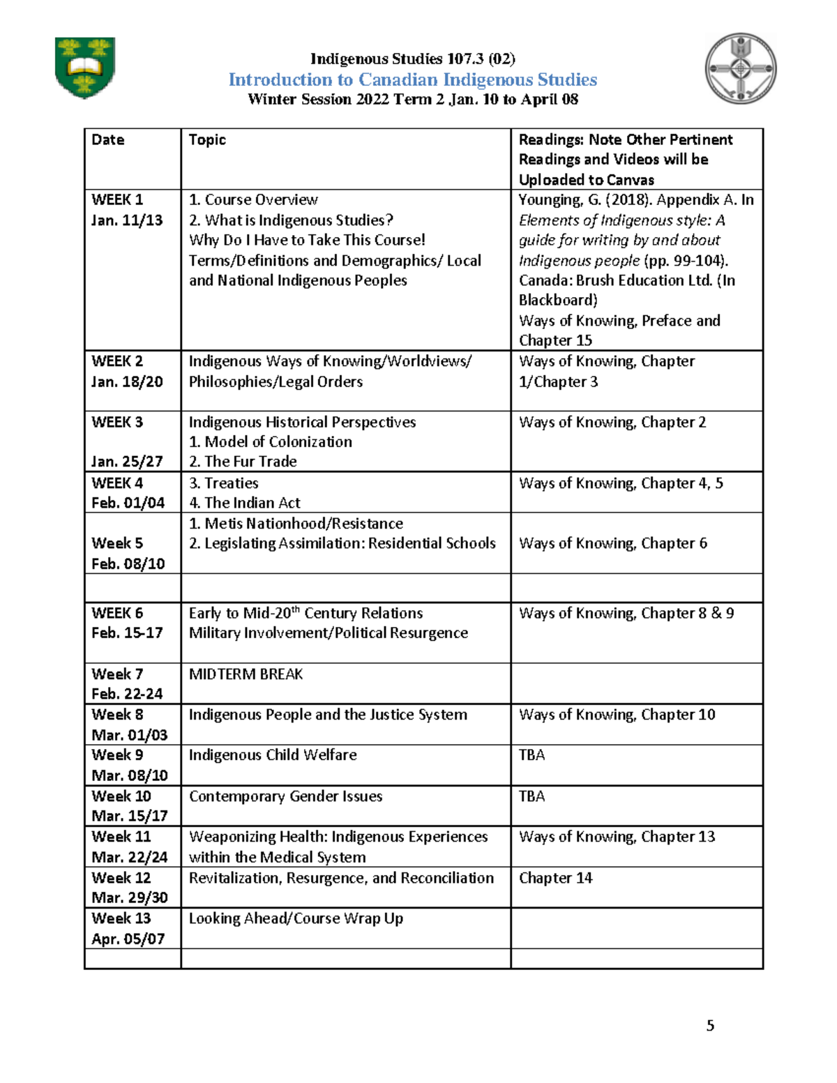 Lecture Schedule and Readings - Indigenous Studies 107 (02 ...