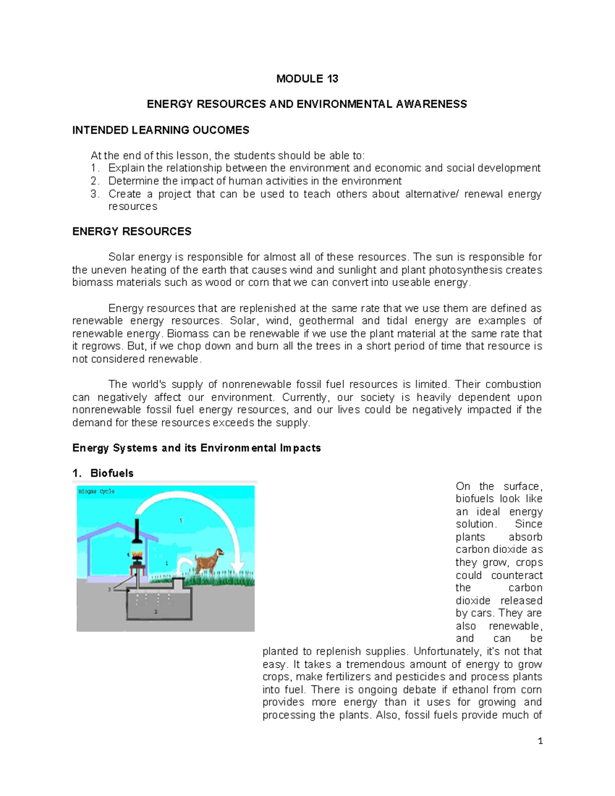 Module 13 STS - MODULE 13 ENERGY RESOURCES AND ENVIRONMENTAL AWARENESS ...