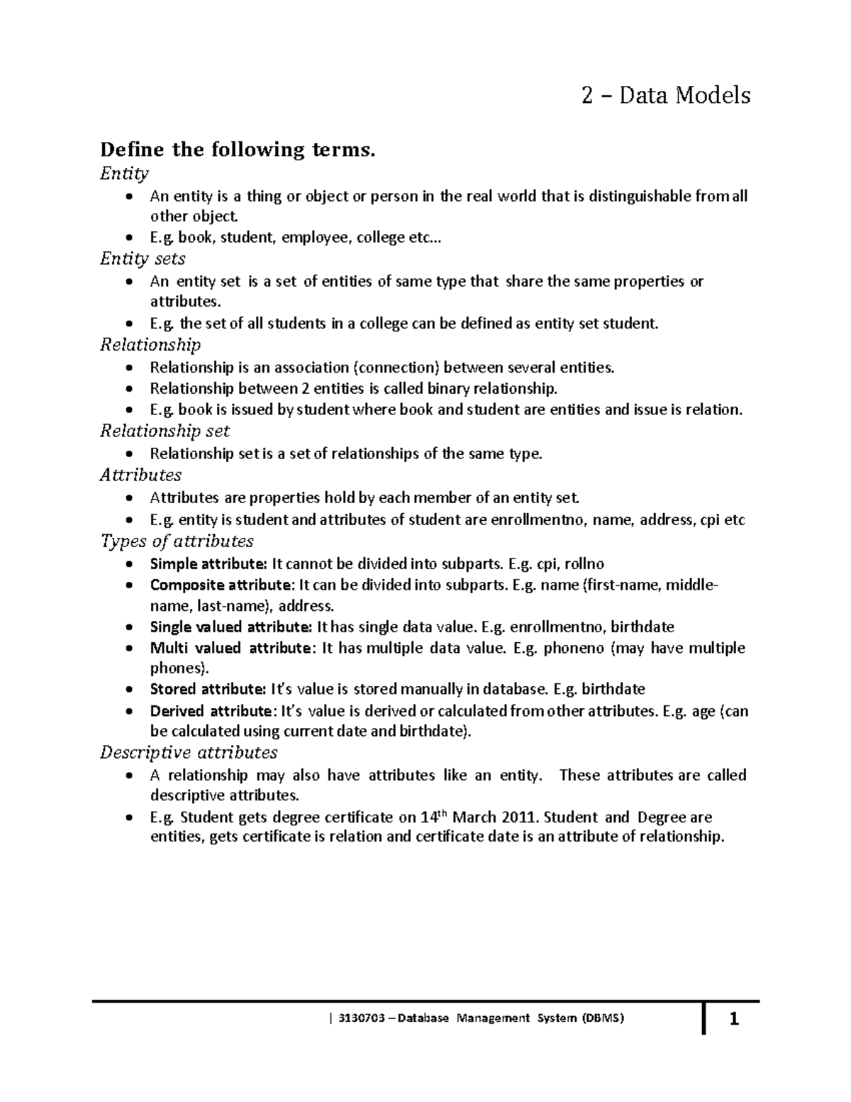 3130703 DBMS GTU Study Material Notes Units-2 - Define the following ...