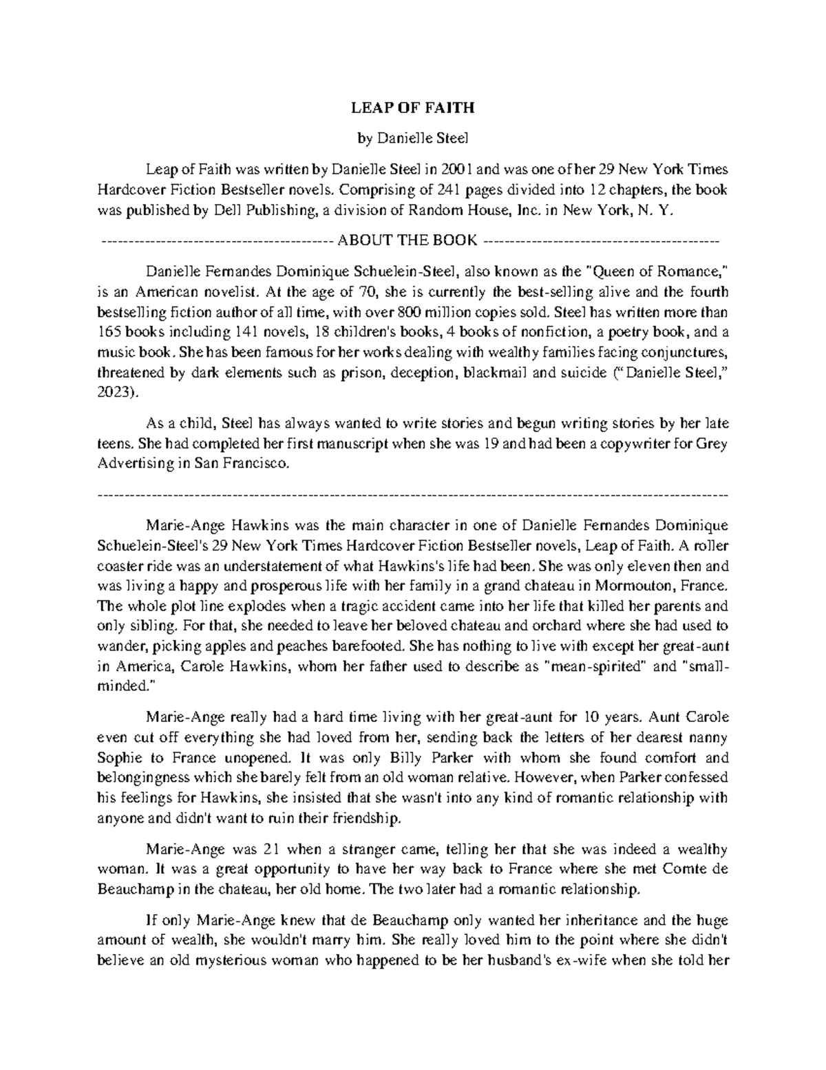 A Review of LEAP OF Faith by Danielle Steel - LEAP OF FAITH by Danielle ...