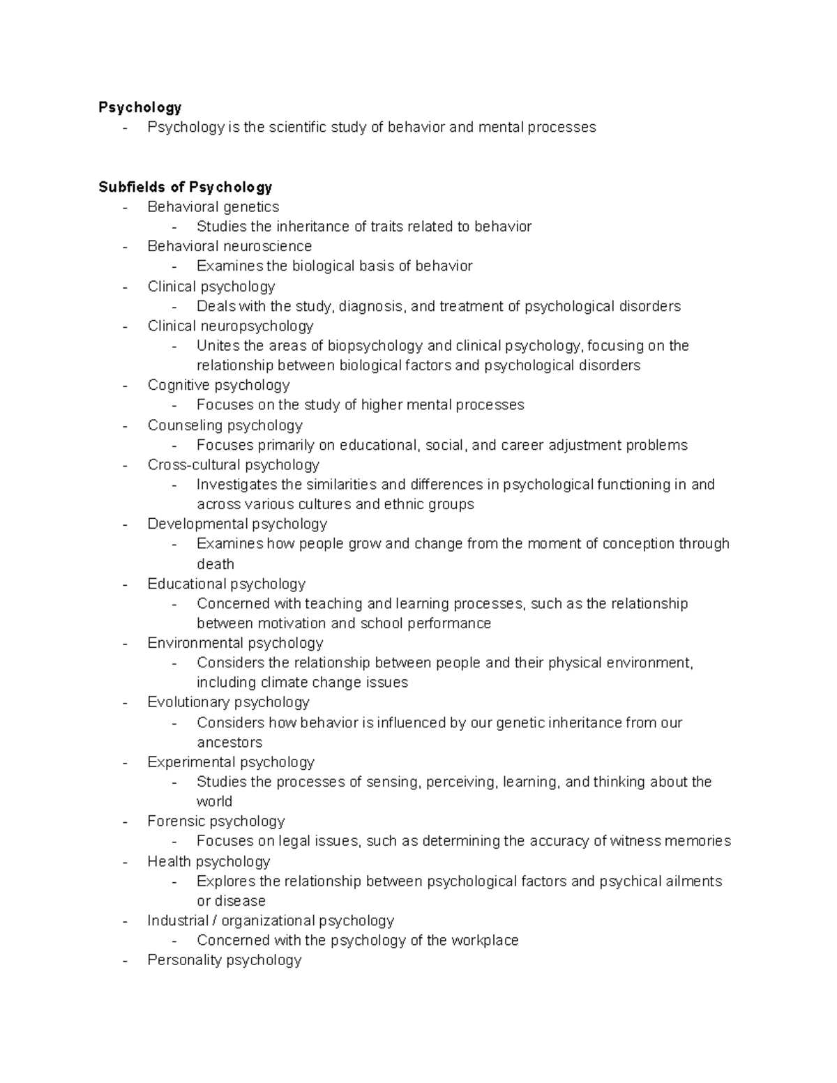 Chapter 1-2 - psych notes - Psychology - Psychology is the scientific ...