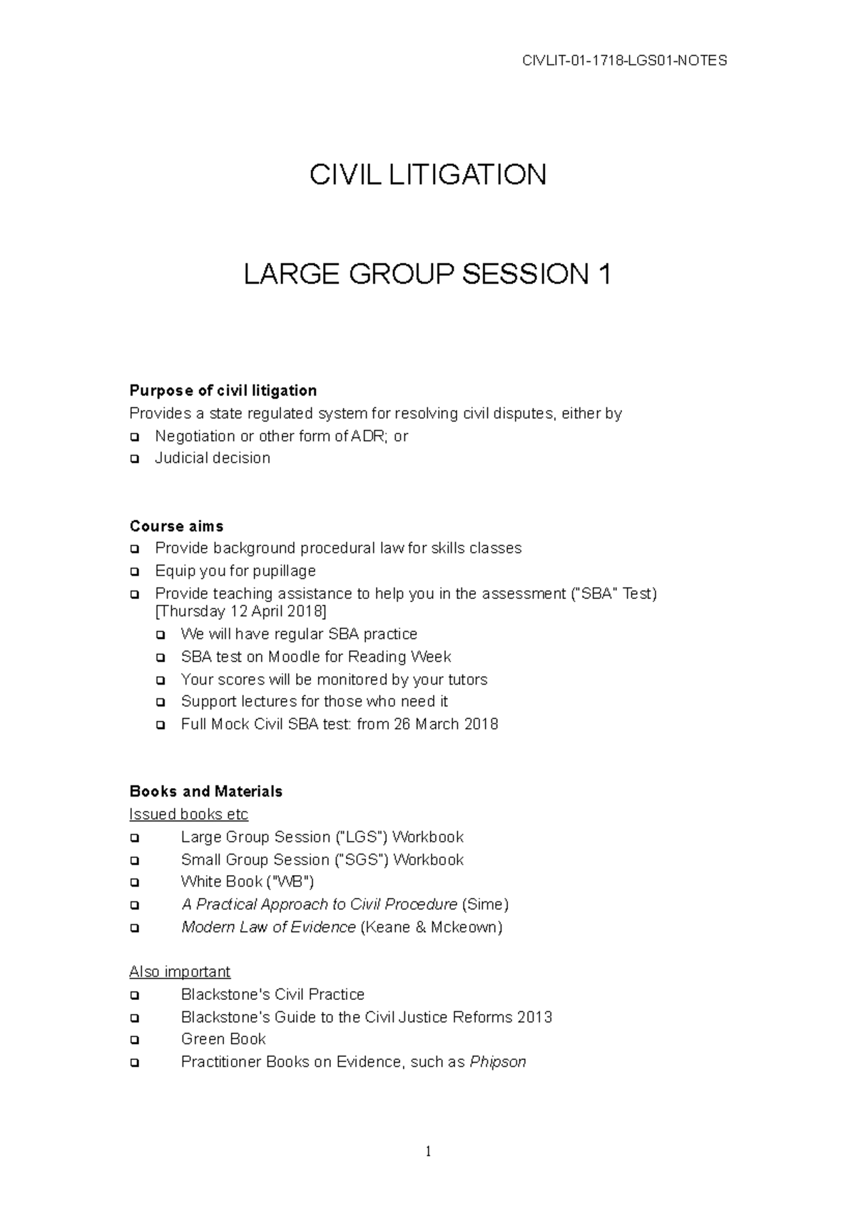 Civil Litigation - Service - CIVIL LITIGATION LARGE GROUP SESSION 1 ...