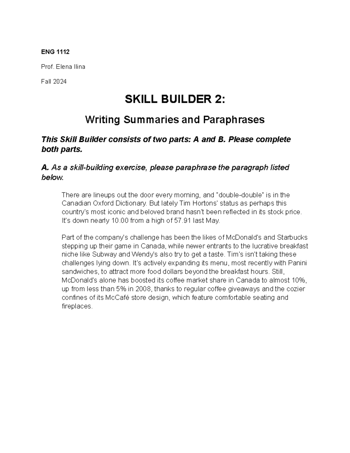 Skill Builder 2 Writing Summaries and Paraphrases - ENG 1112 Prof ...