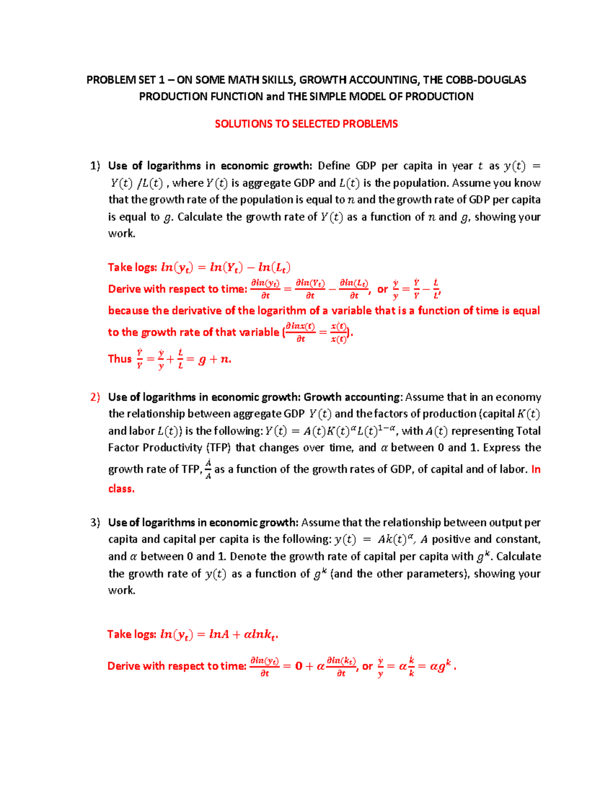 Problem Set 1 Solutions - PROBLEM SET 1 – ON SOME MATH SKILLS, GROWTH ACCOUNTING, THE COBB ...