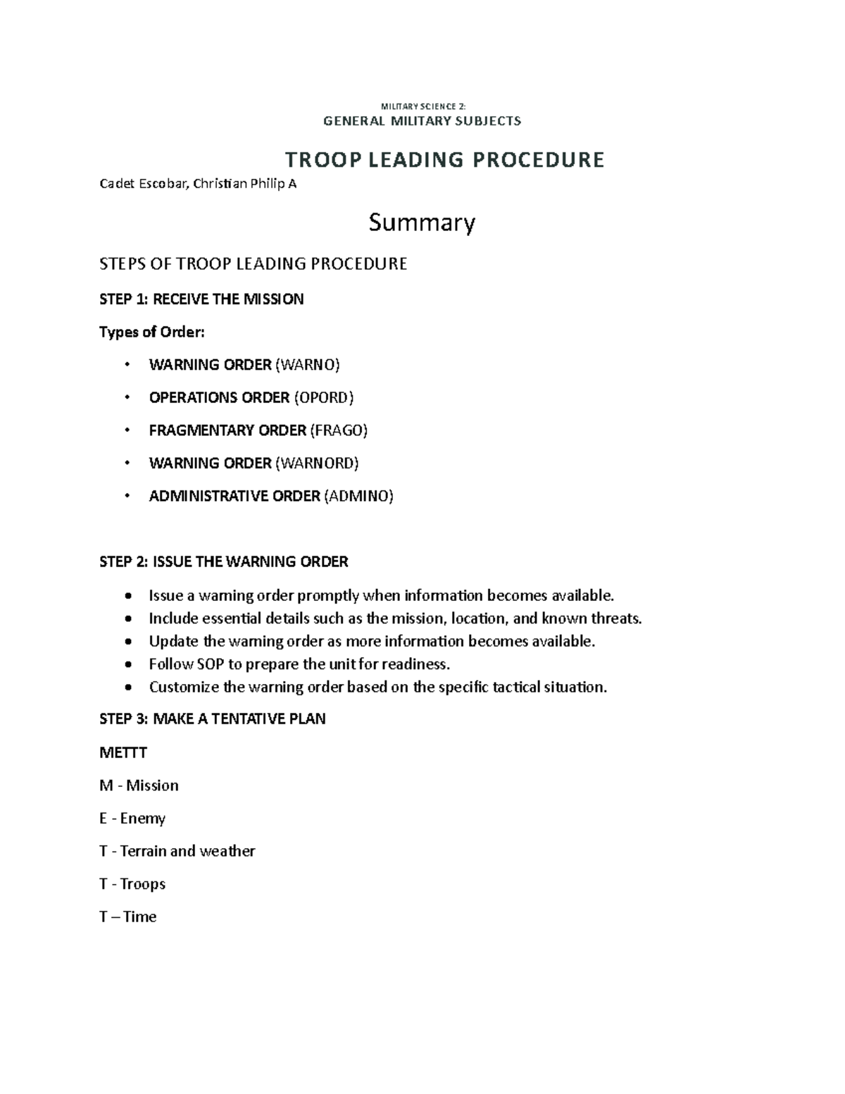 Military- Subject-2Summary - MILITARY SC IENC E 2: GENERAL MILITARY ...