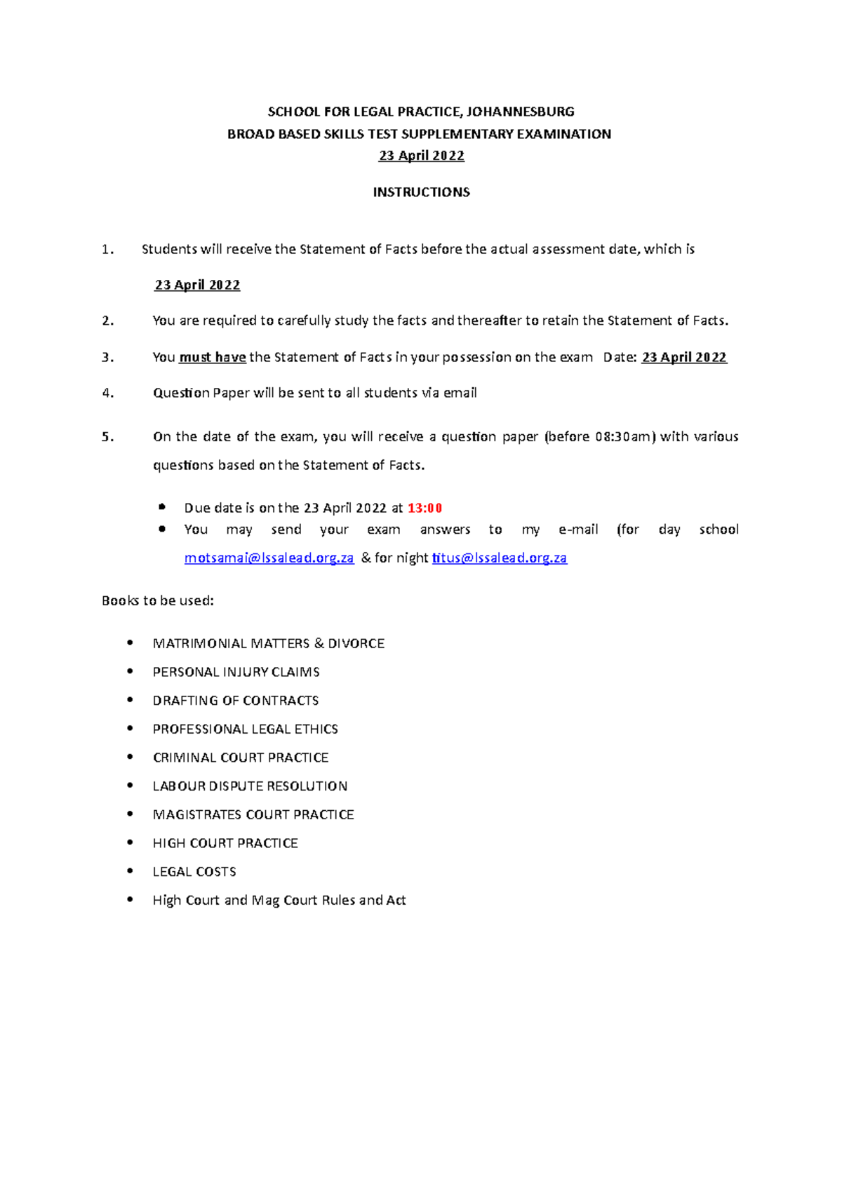 Broad based Skills training course Instructions. - SCHOOL FOR LEGAL ...