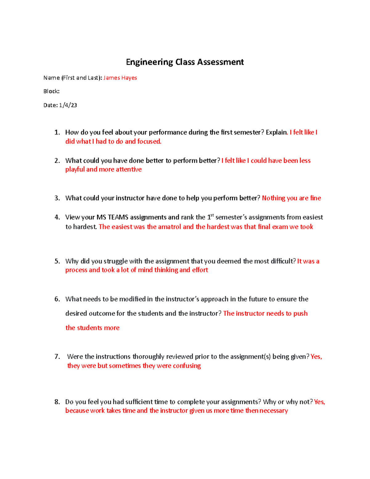 Engineering Class Assessment - I felt like I did what I had to do and ...