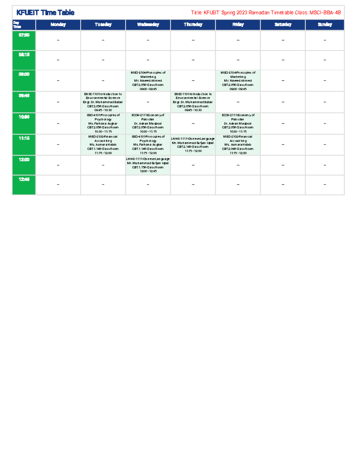 Ramzan timetable - Note - KFUEIT Time Table Title: KFUEIT Spring 2023 ...