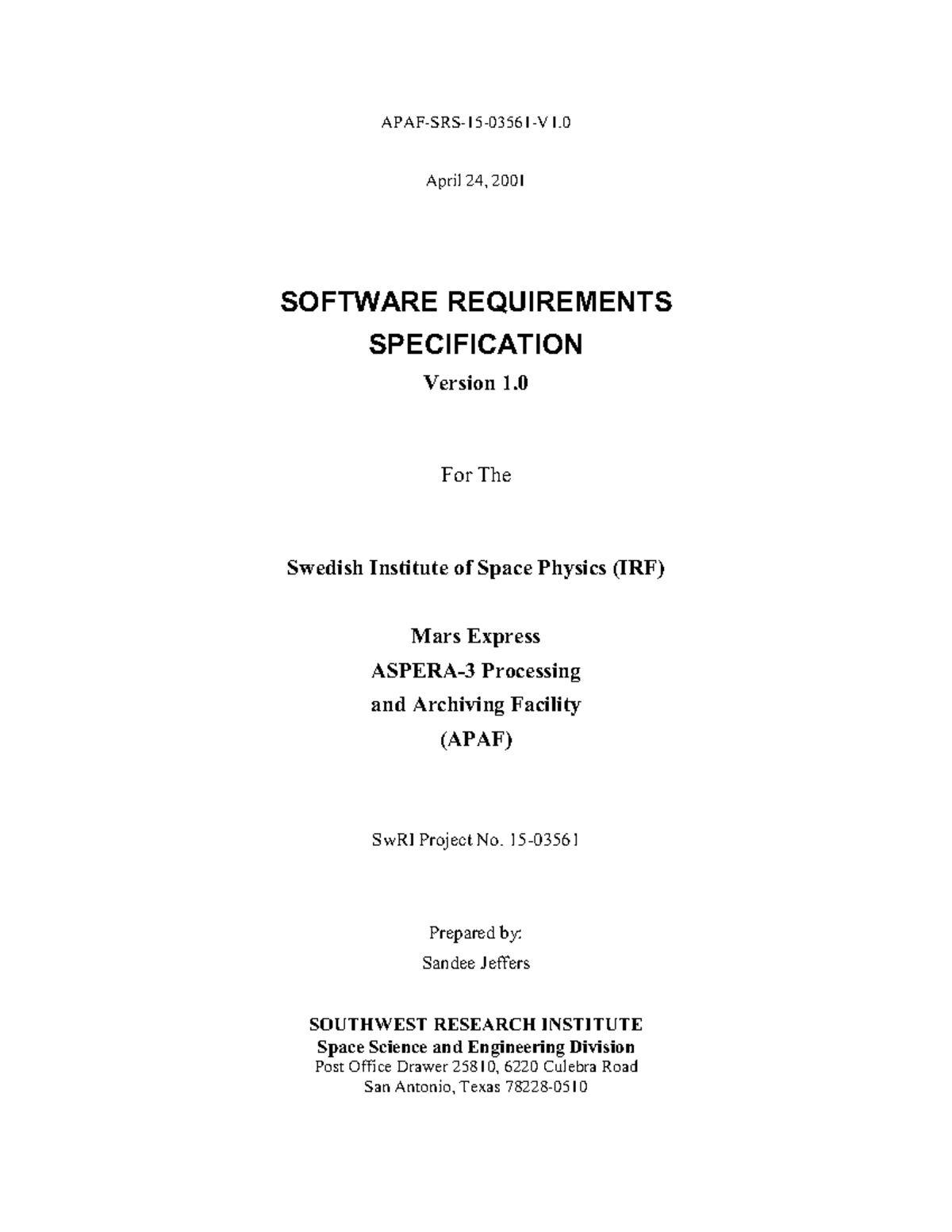 Example of SRS - APAF-SRS-15-03561-V1. April 24, 2001 SOFTWARE ...