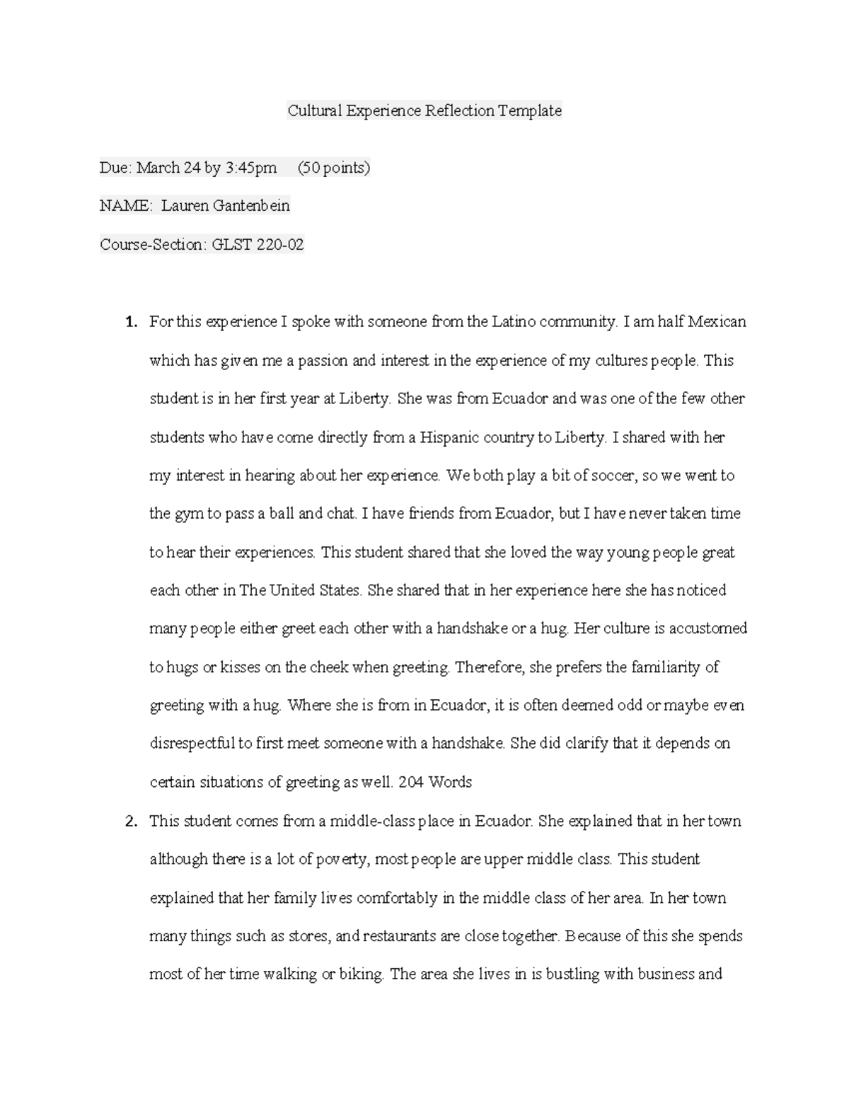 Cultural Experience Reflection Template - I am half Mexican which has ...