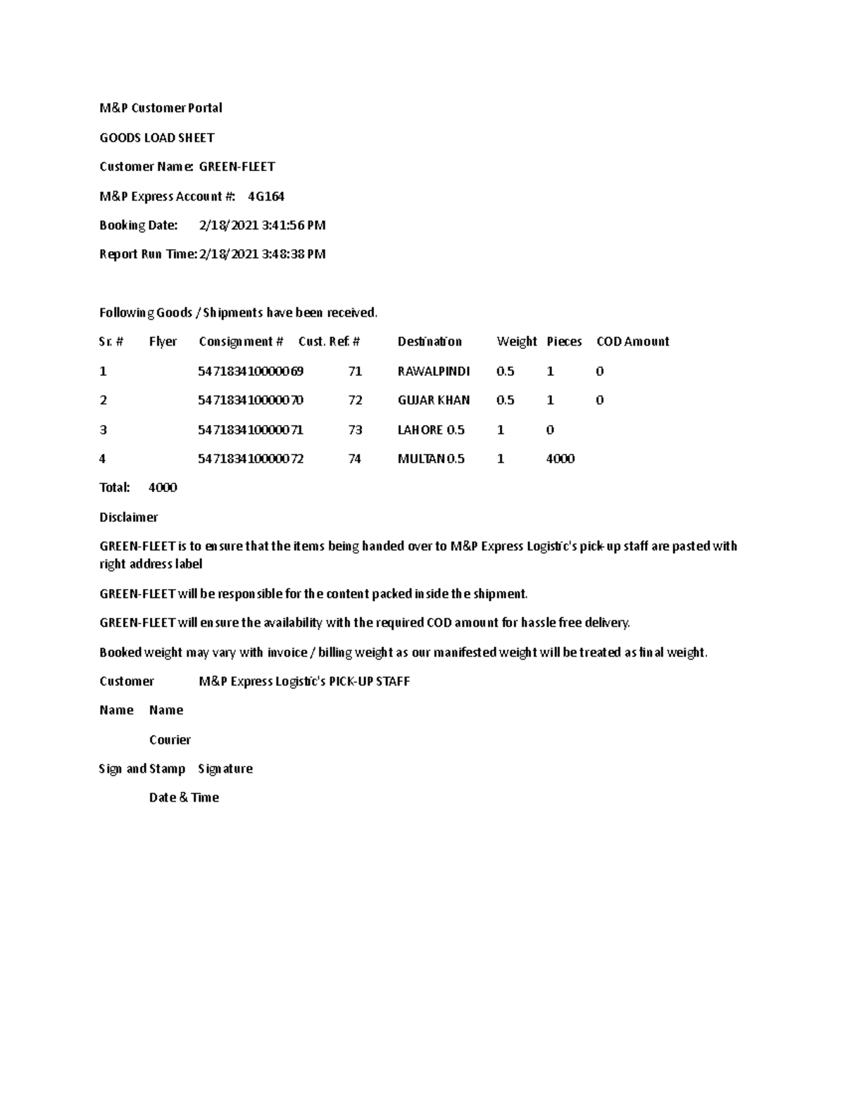 Document - MArketing Assignment - M&P Customer Portal GOODS LOAD SHEET ...