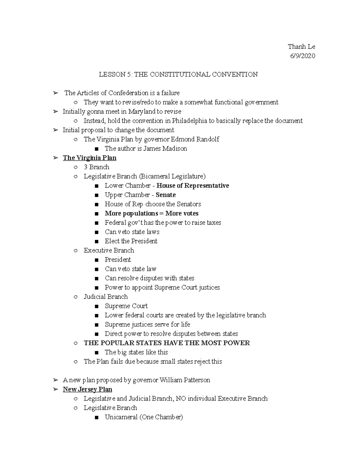 GOV- Lecture 5 The Constituional Convention - Thanh Le 6/9/ LESSON 5 ...