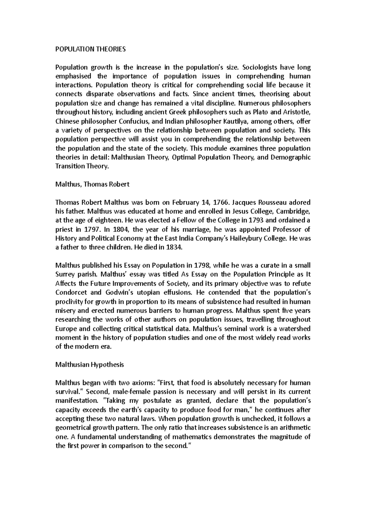 Population Theories - Lecture notes 9 - POPULATION THEORIES Population ...