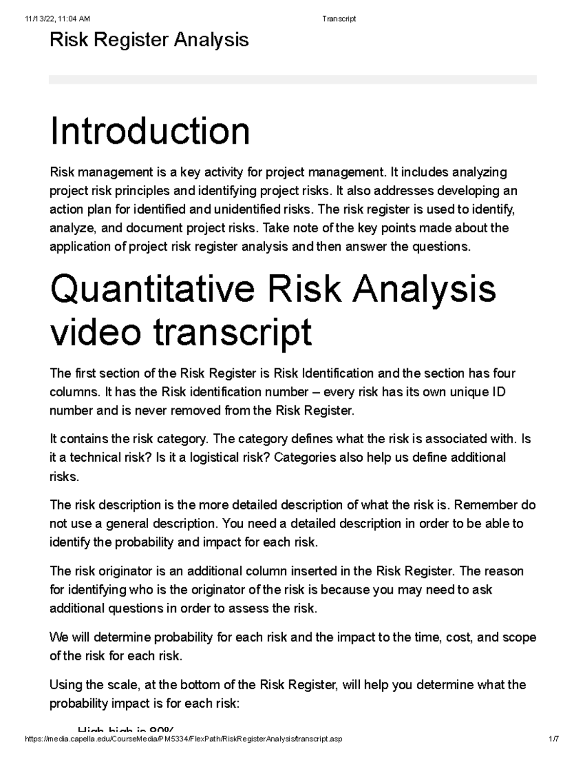 Quiz Risk Register Analysis - Transcript - Risk Register Analysis ...