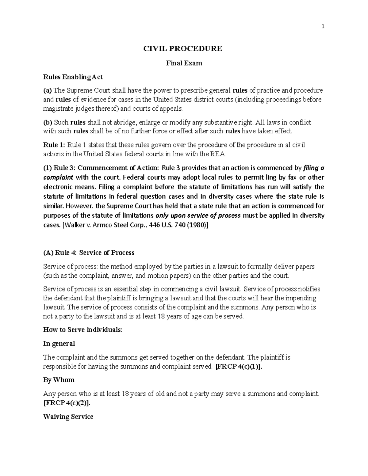 Civil Procedure Final Outline for Rules and Eerie Doctorine - 1 CIVIL ...