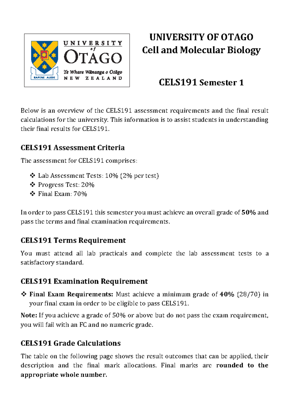 Grade Calculations - UNIVERSITY OF OTAGO Cell and Molecular Biology ...
