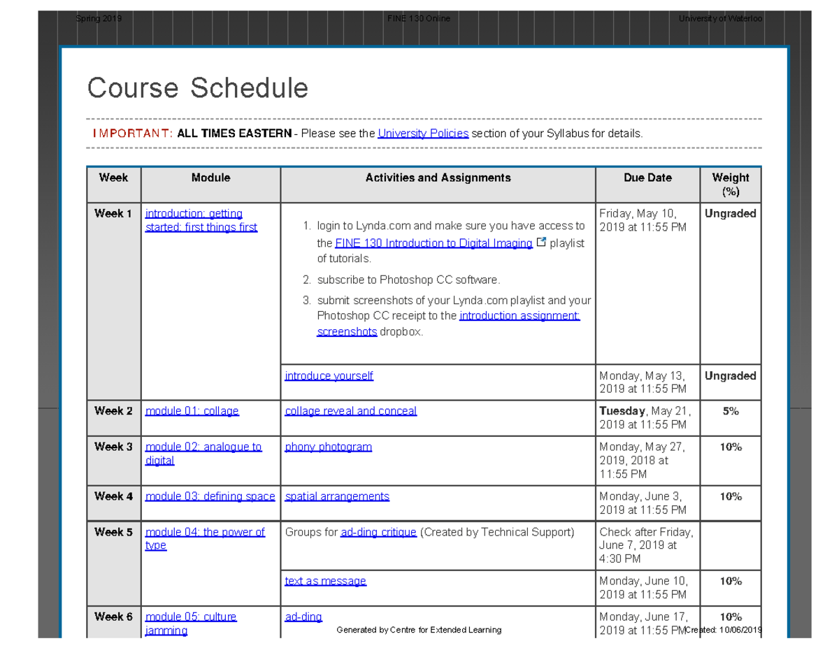 1195 FINE 130 - Summary Intro to Digital Imaging - Course Schedule I M ...