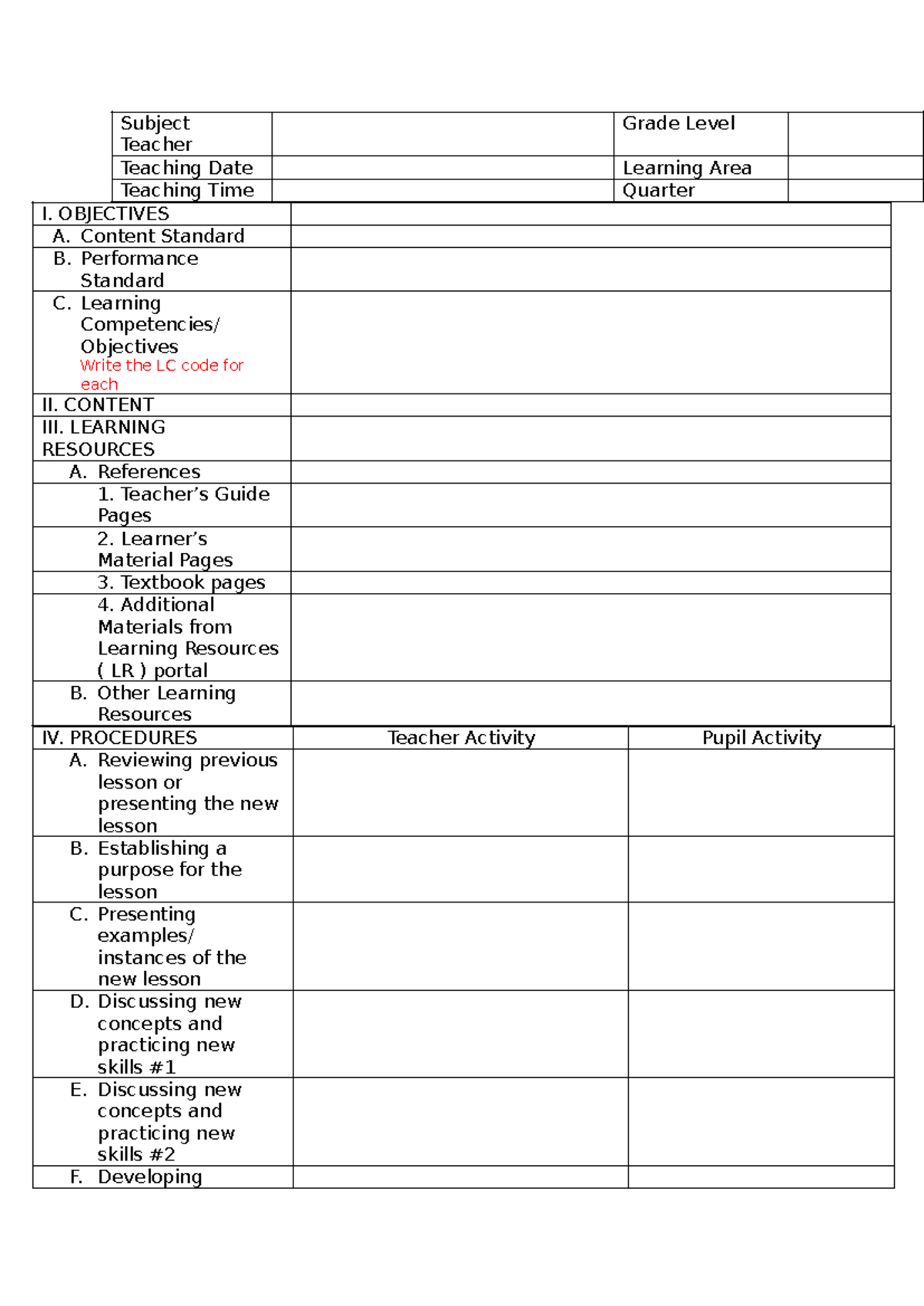 DLP English Format - Educational Purposes - Subject Teacher Grade Level ...