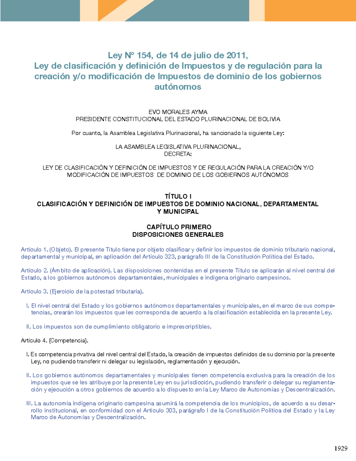 LEY 154 - Ley Nº 154, de 14 de julio de 2011, Ley de clasificación y ...