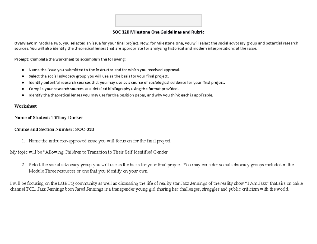 SOC 320 Milestone One Guidelines and Rubric - Now, for Milestone One ...