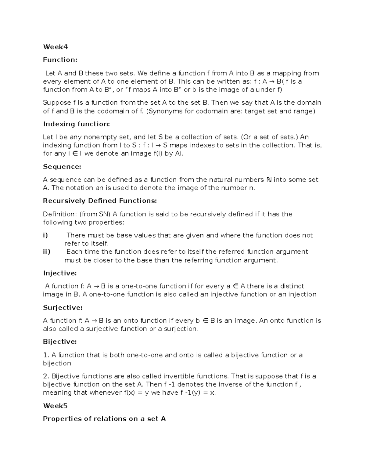Cs 102 - Lecture notes 4-6 - Week Function: Let A and B these two sets ...