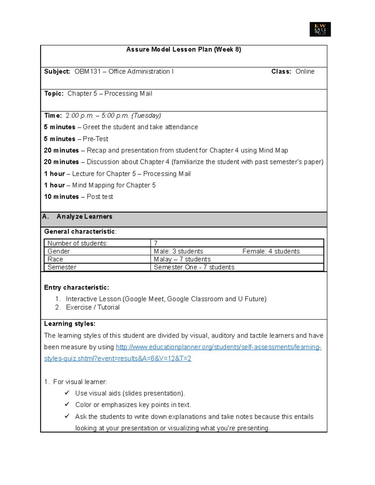 OBM131 - Lesson PLAN WEEK 8 - Assure Model Lesson Plan (Week 8) Subject ...