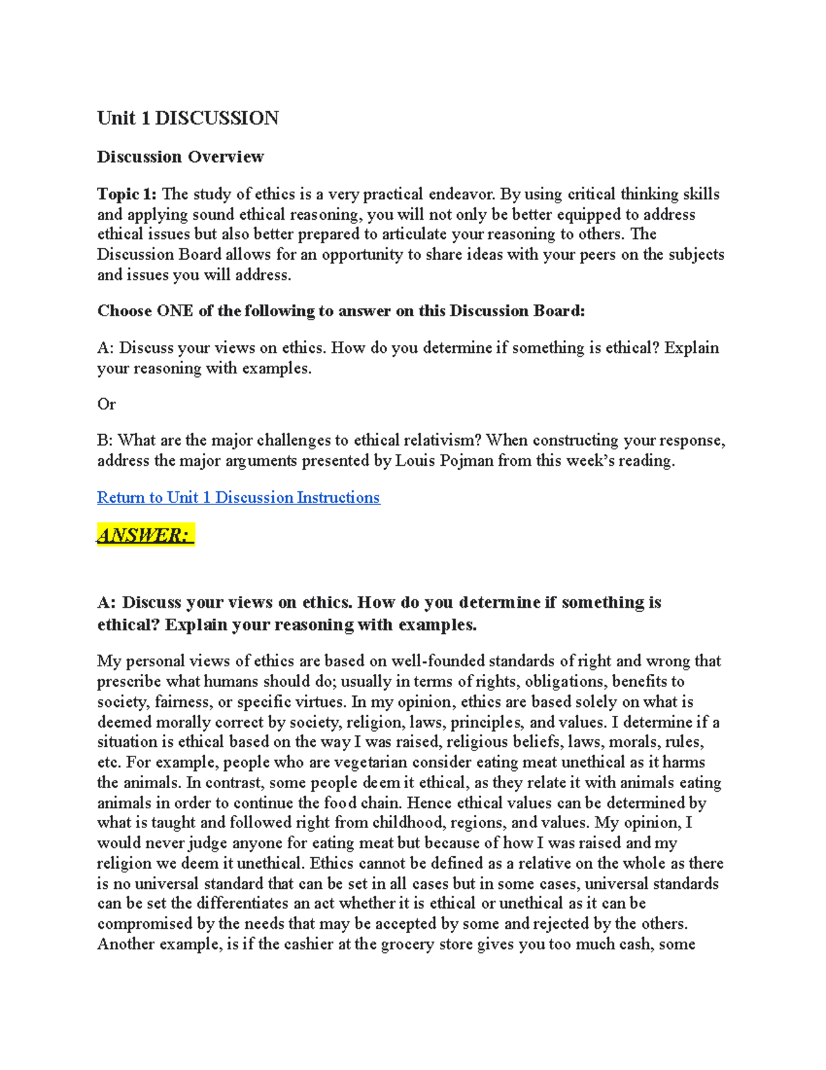 Purdue University Global HU245 Unit 1 Discussion - Unit 1 DISCUSSION ...