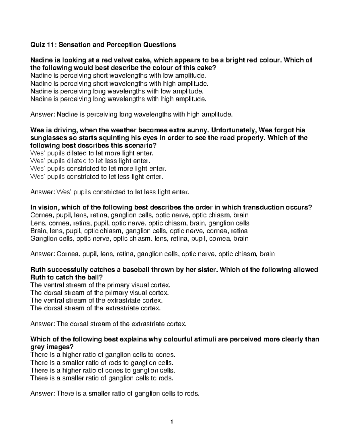 Quiz 11 Sensation And Perception Quiz 11 Sensation And Perception