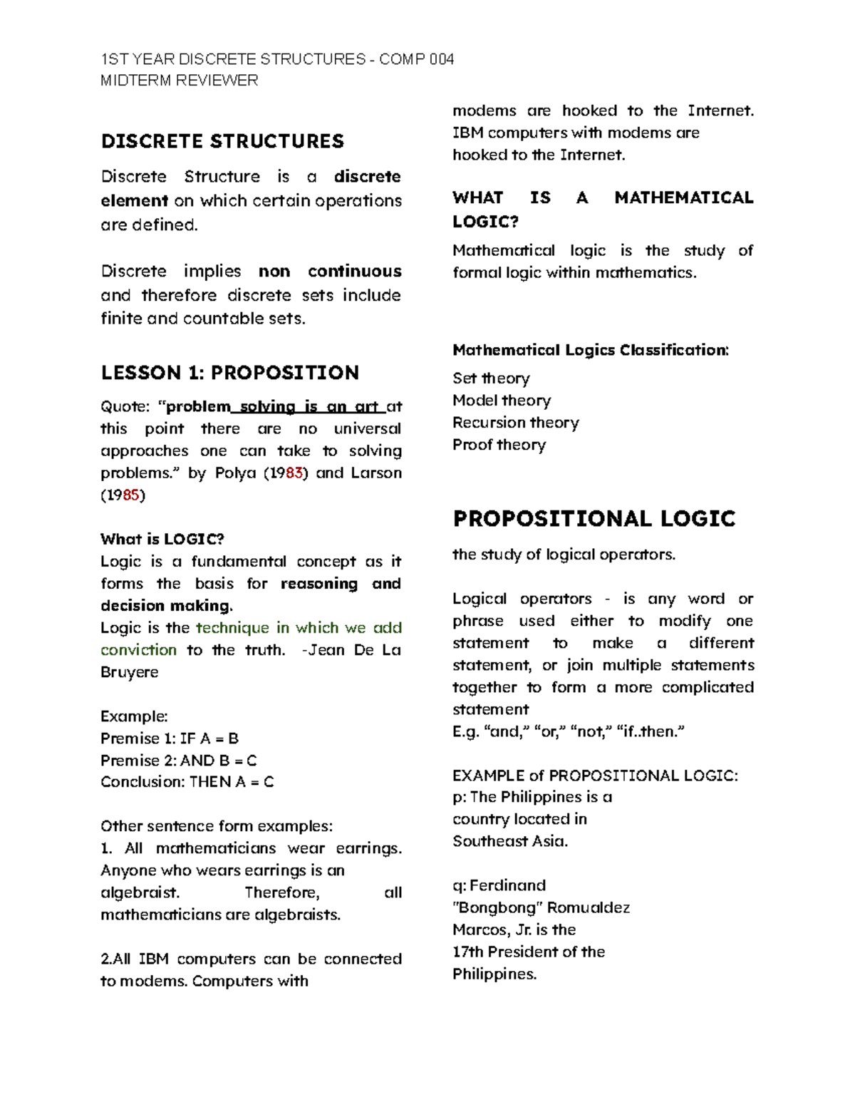 Midterm Reviewers For Discrete Structures Comp004 1st Year Discrete Structures Comp 004