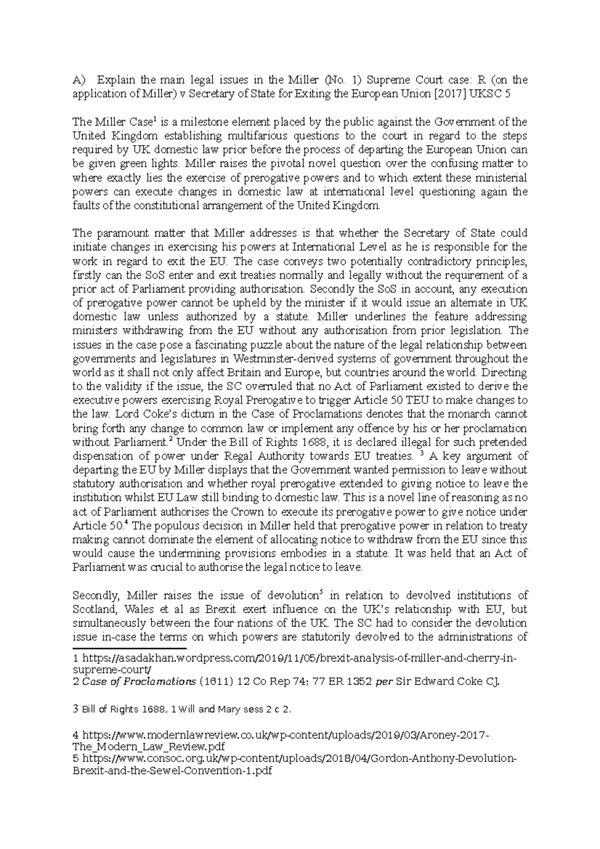 Miller 1 - A) Explain the main legal issues in the Miller (No. 1 ...