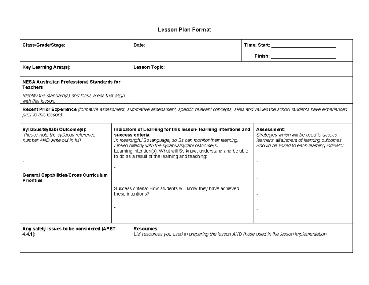 365 DUR FEA NSW ACU NSW Lesson Plan Template - Lesson Plan Format Class ...