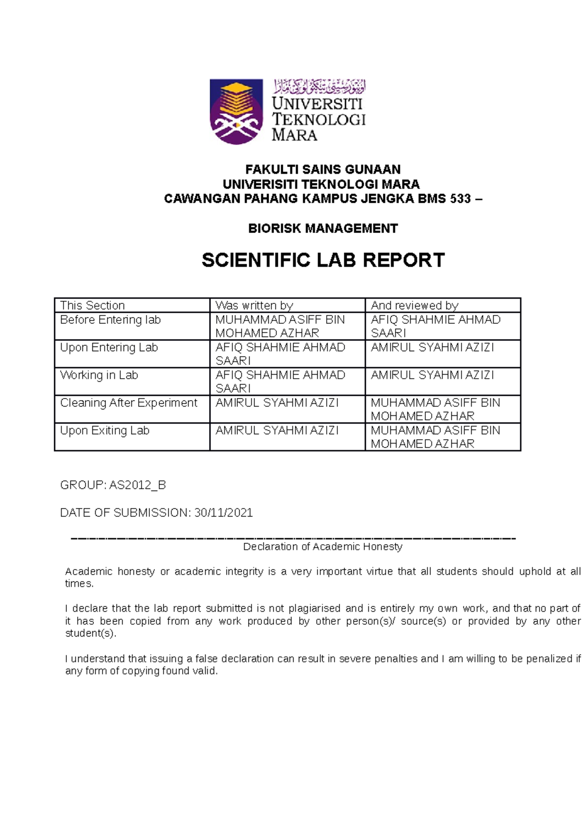 Practical 2 BMS 533 - FAKULTI SAINS GUNAAN UNIVERISITI TEKNOLOGI MARA ...