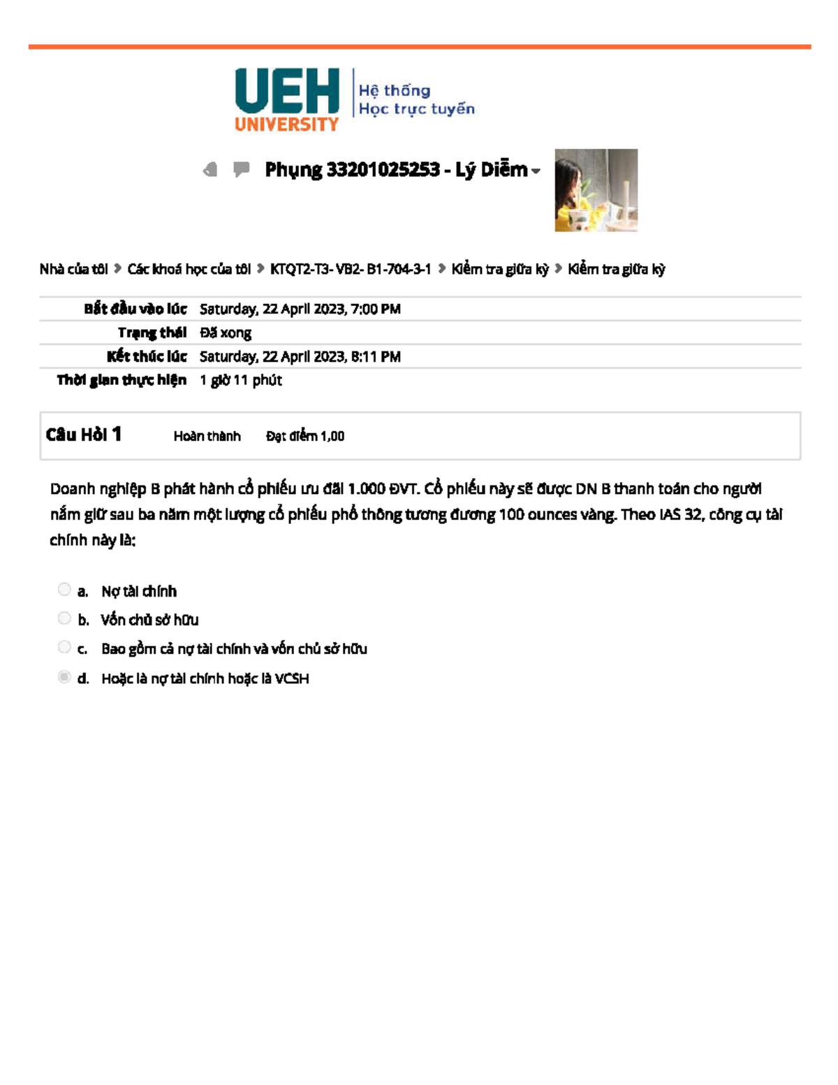 Kiểm tra giữa kỳ Xem lại bài làm của mình - UEH Hê thông Hoc truc tuyen UNIVERSITY Phung ...