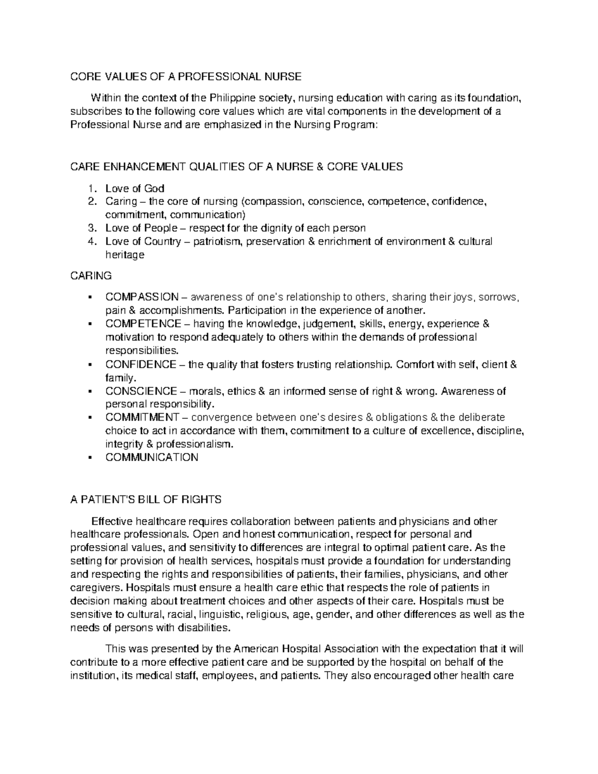 Module Notes - CORE VALUES OF A PROFESSIONAL NURSE Within the context ...