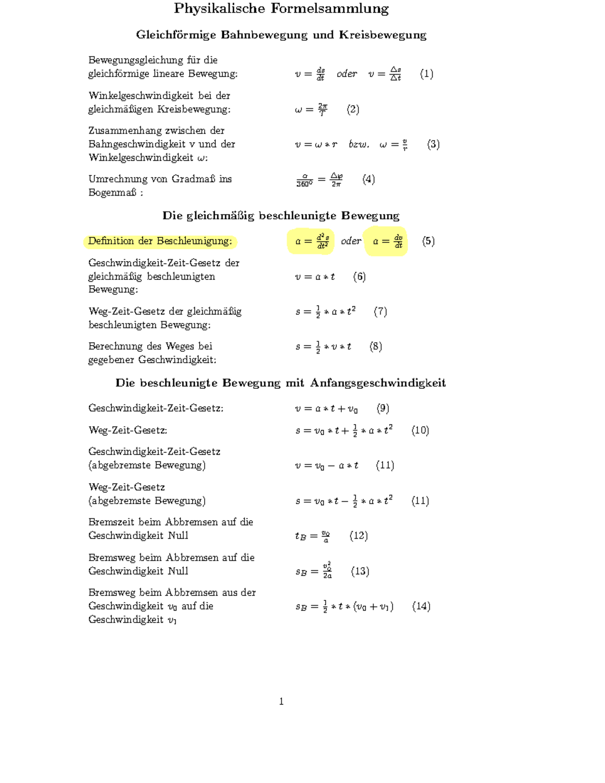 Physik Formeln 1 - Physikalische Formelsammlung Gleichf ̈ ...