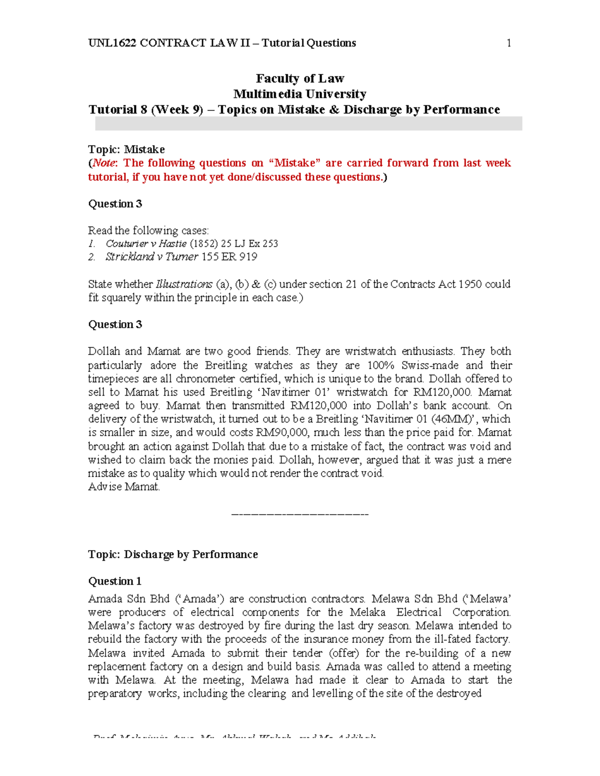 2022 Contract II - Tutorial 8 (Week 9) - UNL1622 CONTRACT LAW II – Tutorial Questions 1 Prof ...