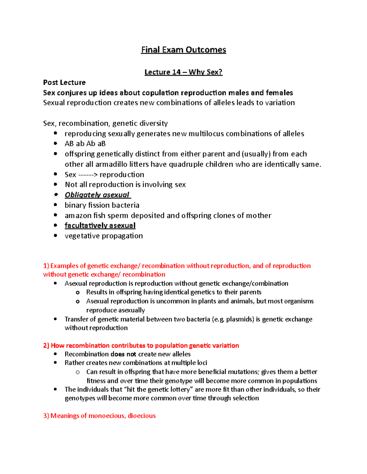 Final Exam Outcomes 1 - notes - Final Exam Outcomes Lecture 14 – Why ...