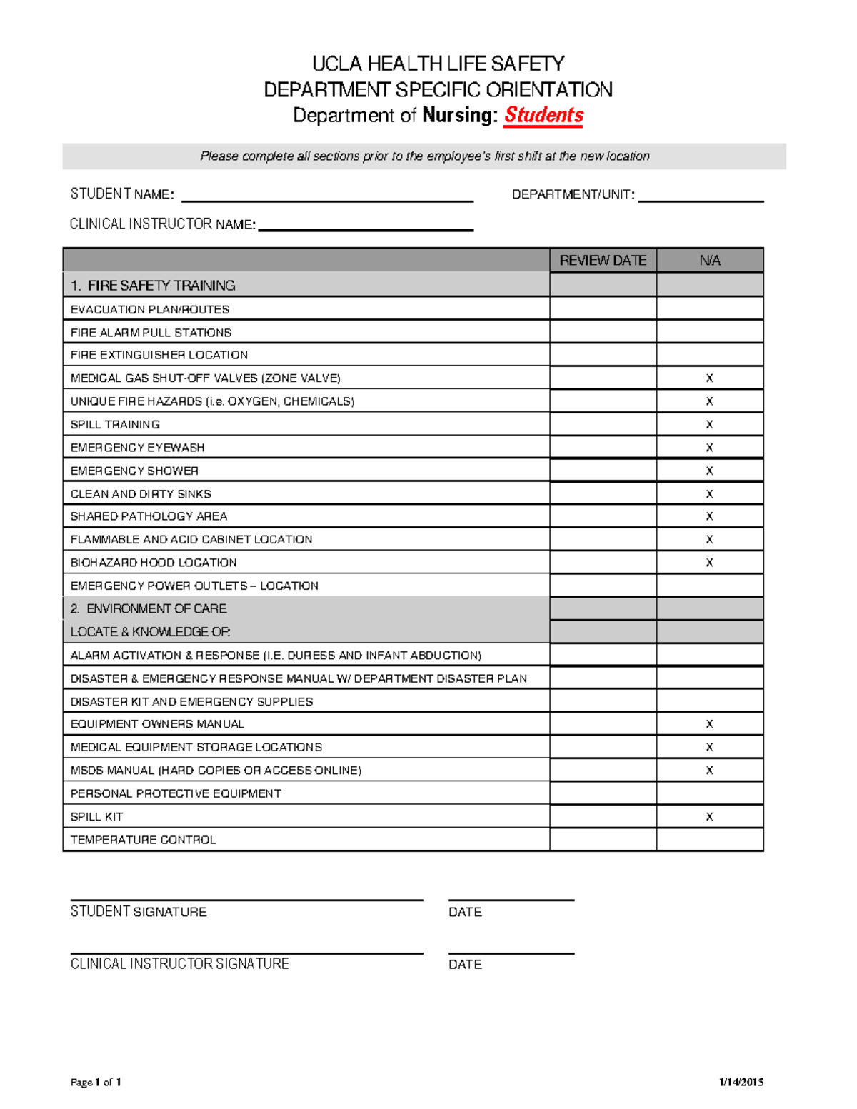 Life and Safety Checklist - Student-1 - UCLA HEALTH LIFE SAFETY ...