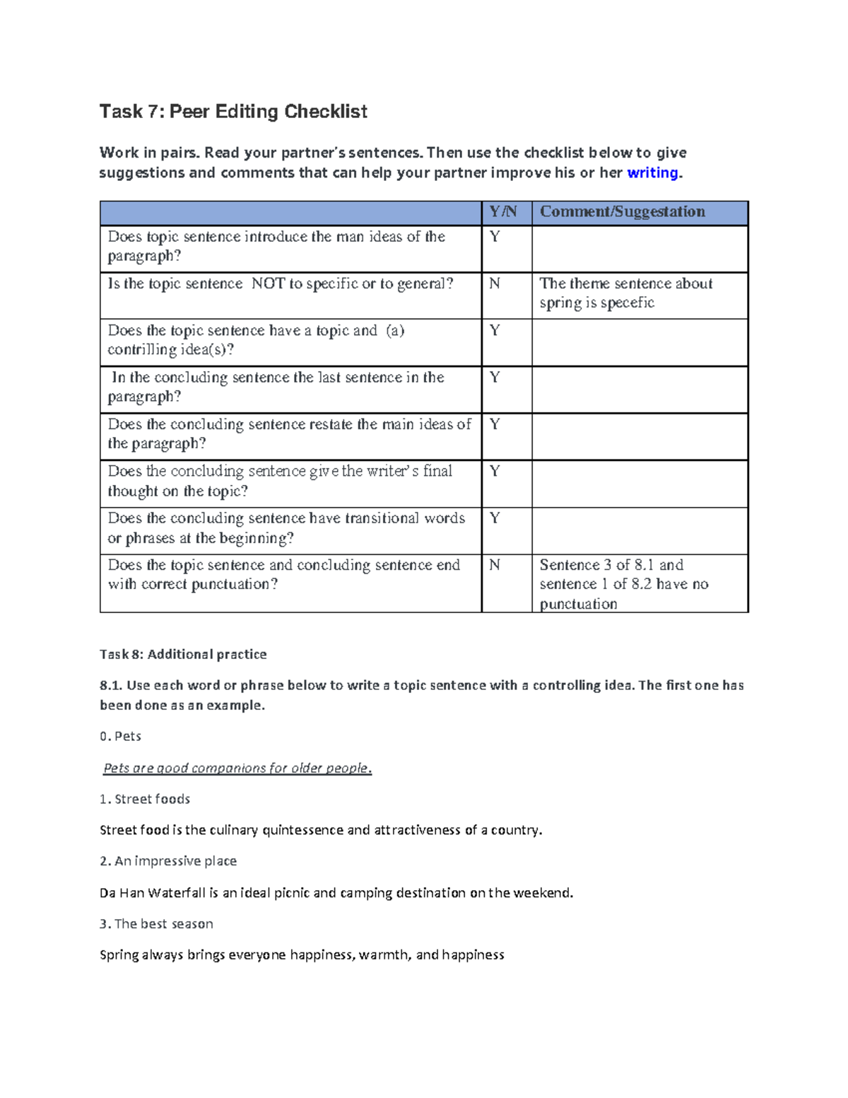tài liẹu học tập - Task 7: Peer Editing Checklist Work in pairs. Read ...