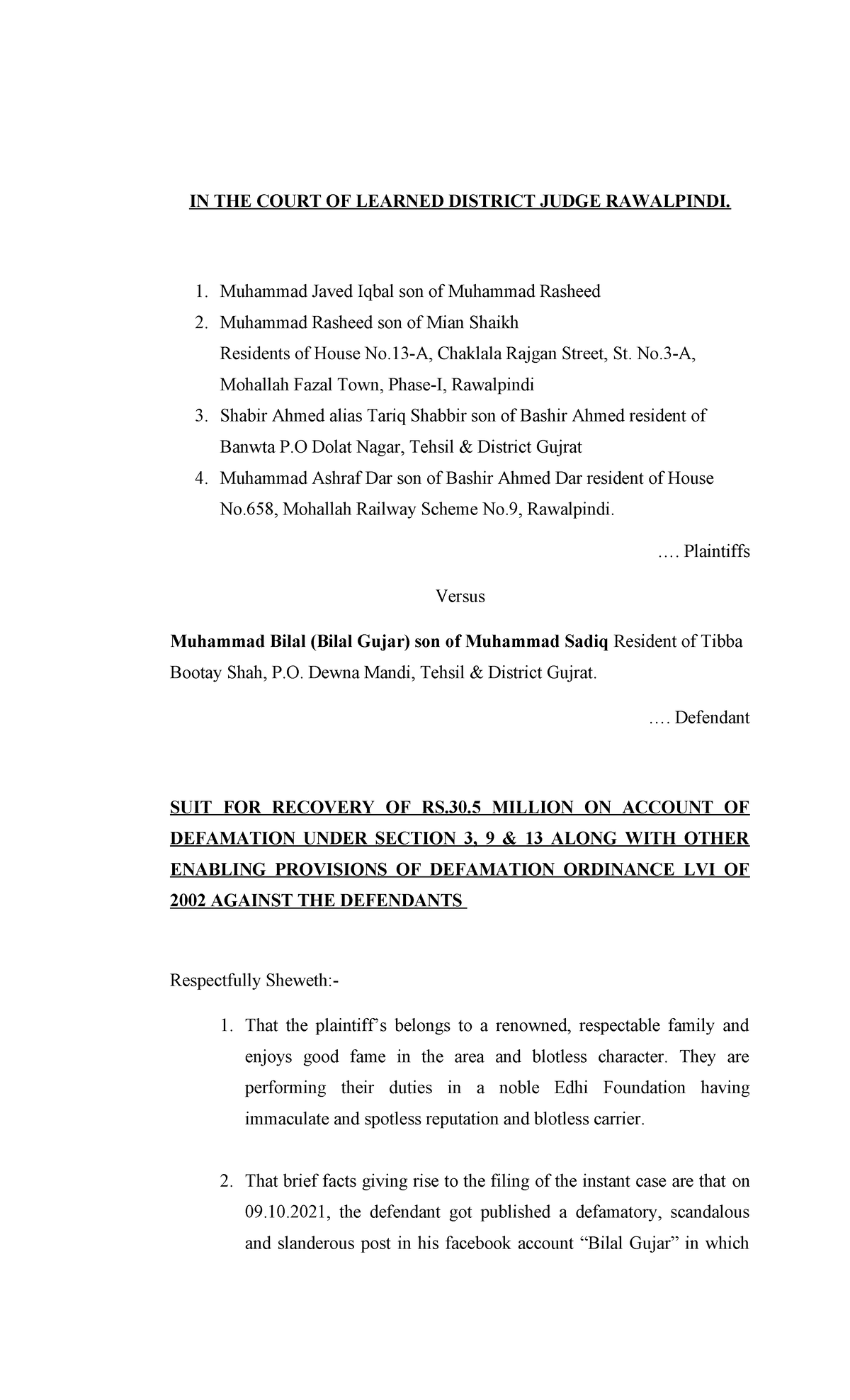 Suit for defamation - IN THE COURT OF LEARNED DISTRICT JUDGE RAWALPINDI ...