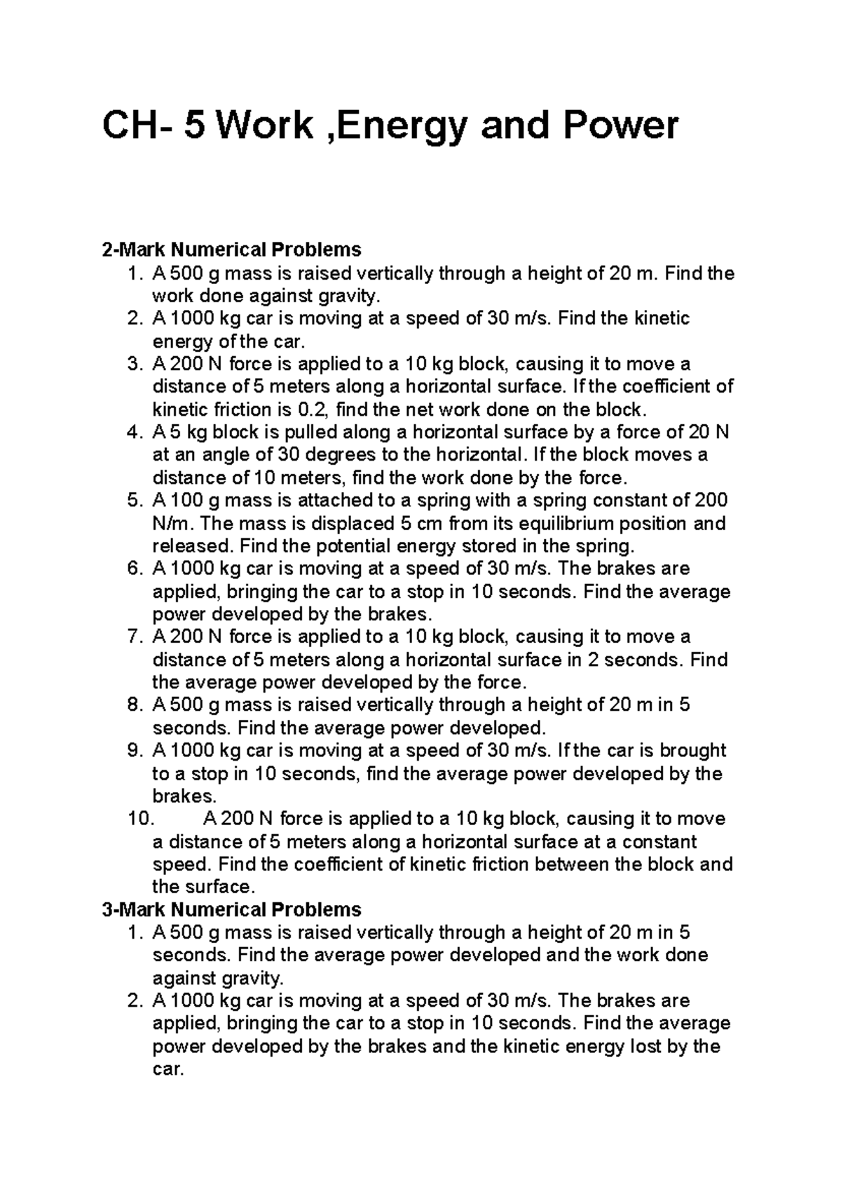 Work energy power worksheet - CH- 5 Work ,Energy and Power 2-Mark ...