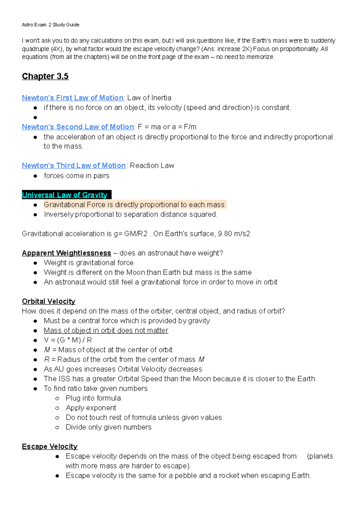 Astro Exam 2 Study Guide - Astro Exam 2 Study Guide I won’t ask you to ...