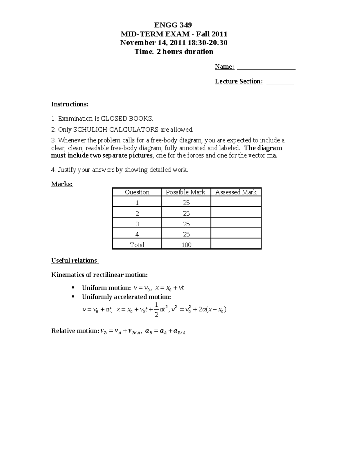 Fall 2011 Midterm - ENGG 349 MID-TERM EXAM - Fall 2011 November 14 ...