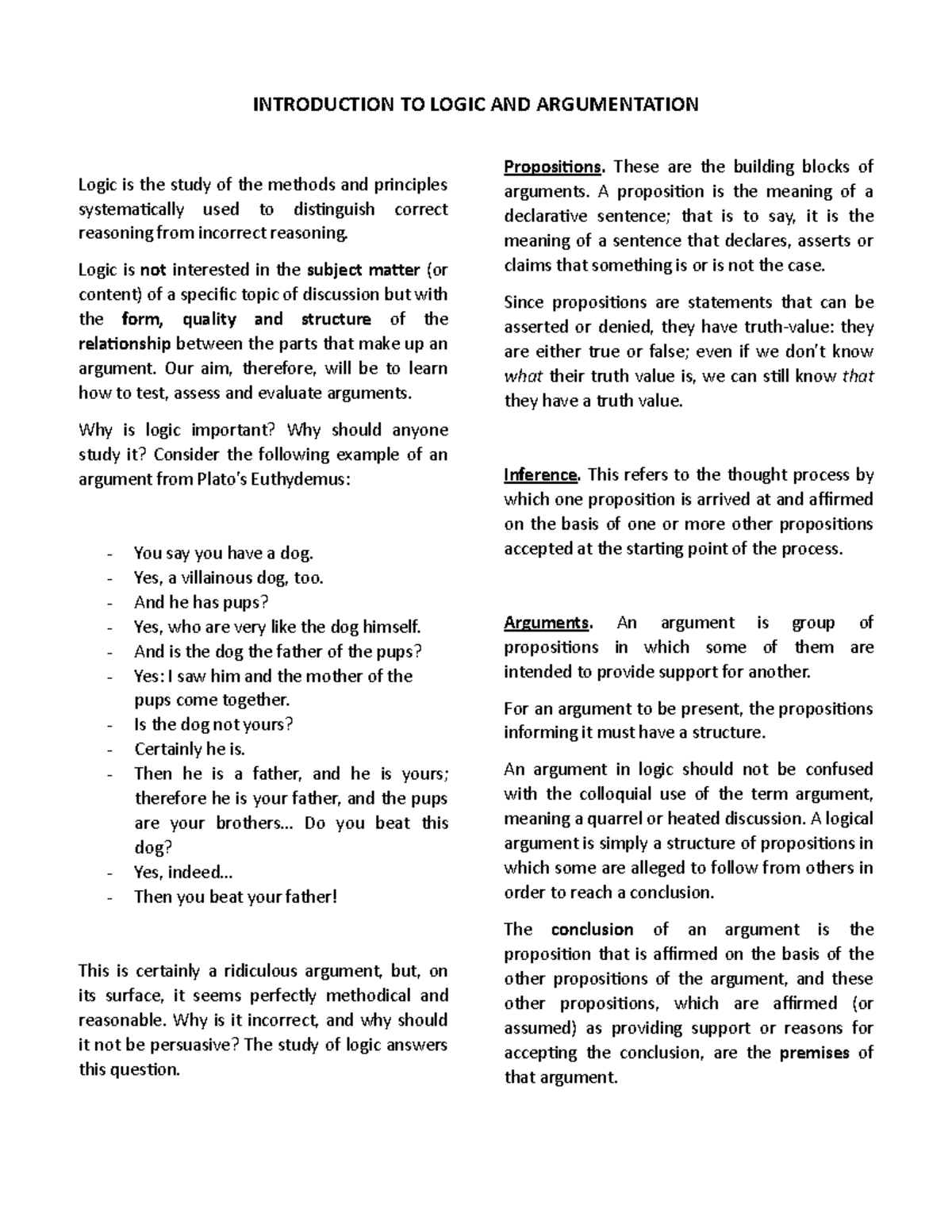 Introduction to Logic Argumentation and Fallacies - INTRODUCTION TO LOGIC AND ARGUMENTATION ...