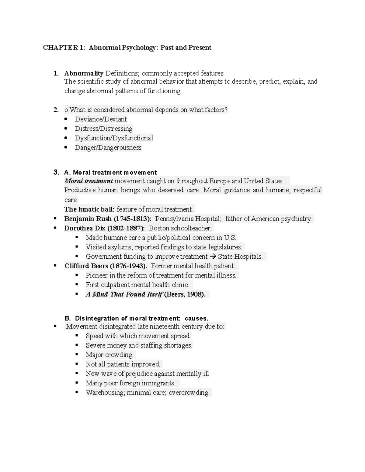 Study Guide - CHAPTER 1: Abnormal Psychology: Past and Present 1 ...