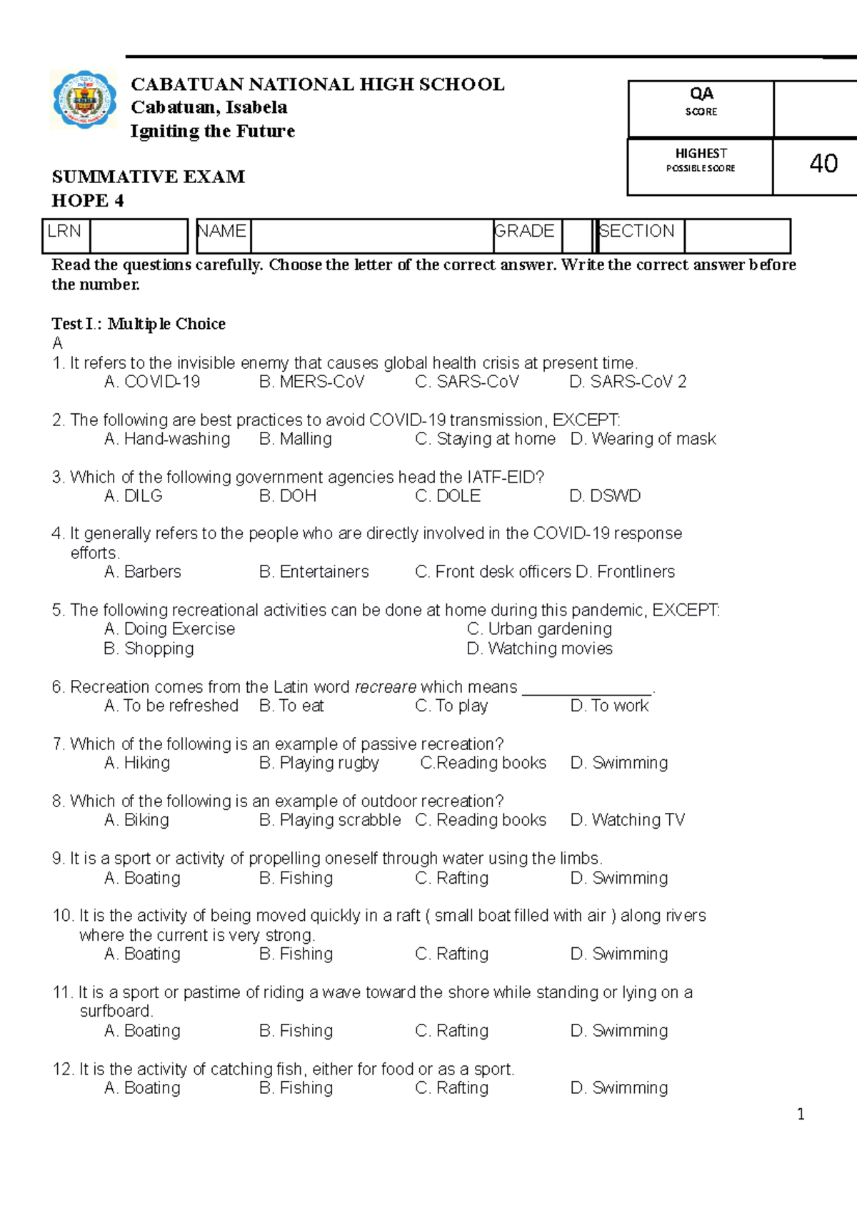 Health Optimizing Physical Education Exam - CABATUAN NATIONAL HIGH ...